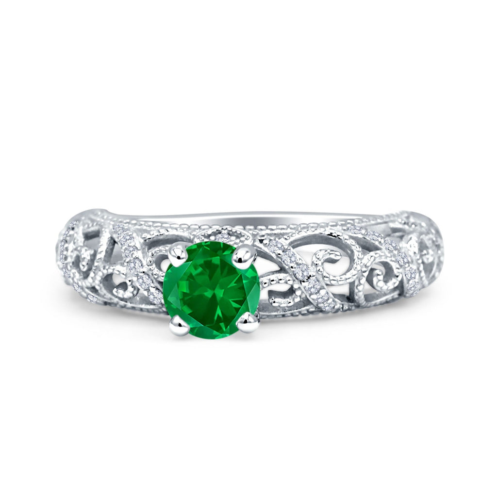 Round Green Emerald CZ Filigree Ring Oxidized 925 Sterling Silver Whol