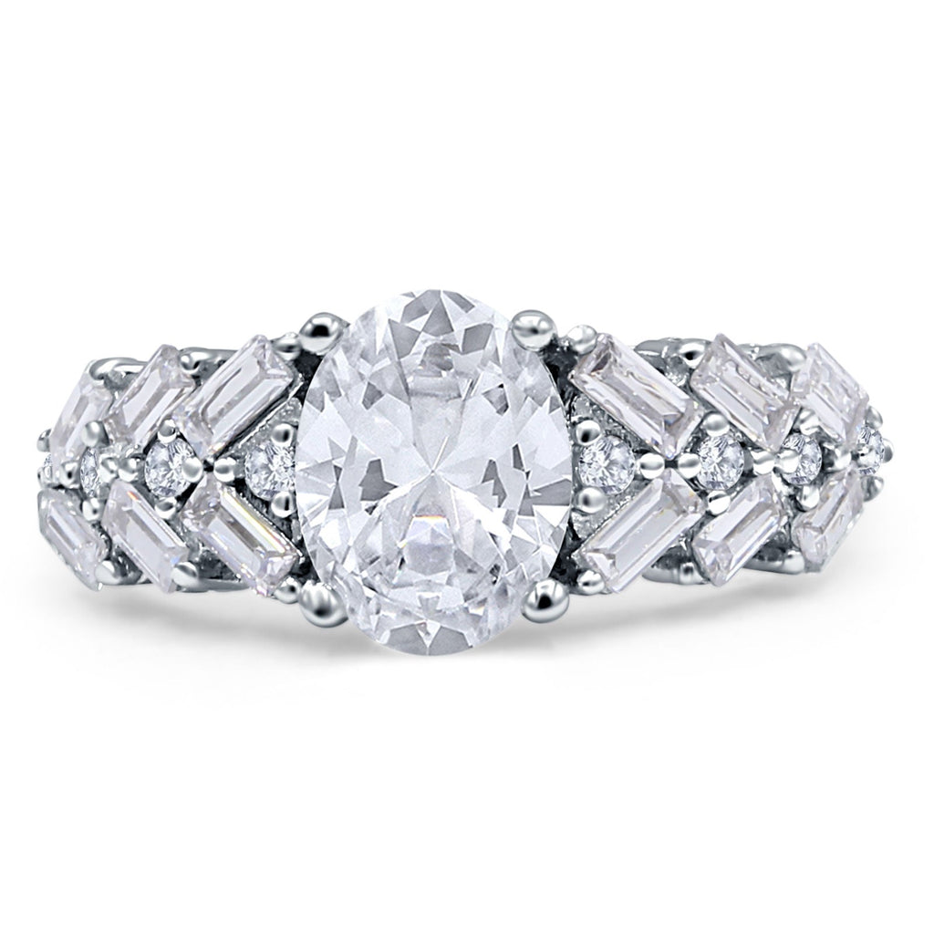 Oval Cubic Zirconia Ring Cluster Baguette 925 Sterling Silver Wholesal