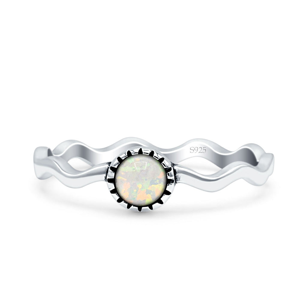 Round Lab Created White Opal Solitaire Ring Oxidized 925 Sterling Silv