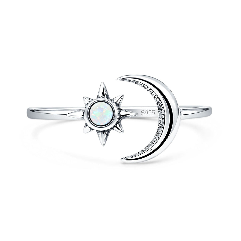 Lab Created White Opal Sun and Moon Ring Oxidized 925 Sterling Silver