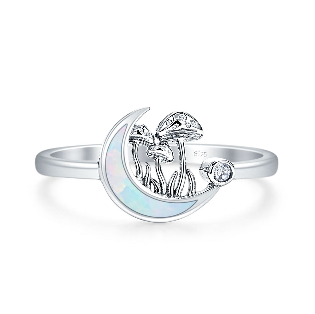 Lab Created Blue Opal Moon Mushroom Ring Oxidized 925 Sterling Silver