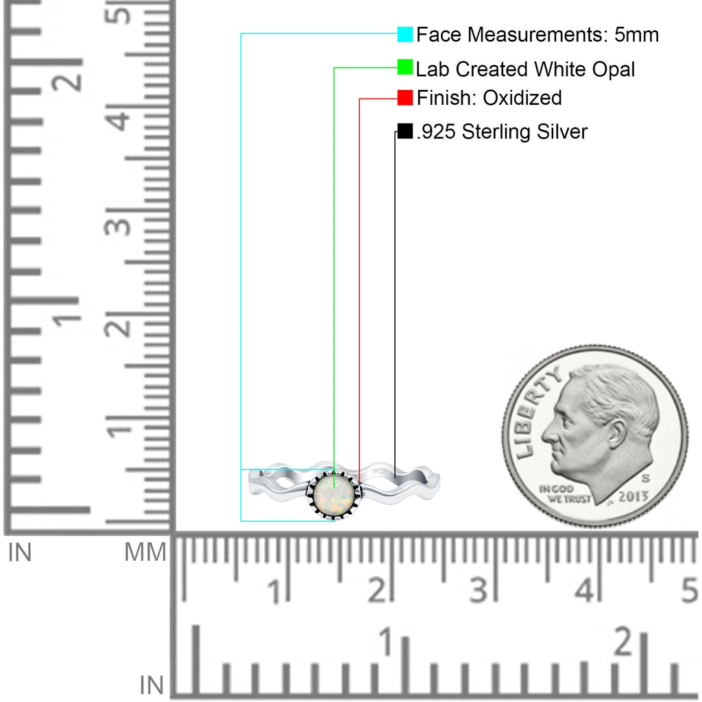 Round Lab Created White Opal Solitaire Ring Oxidized 925 Sterling Silv