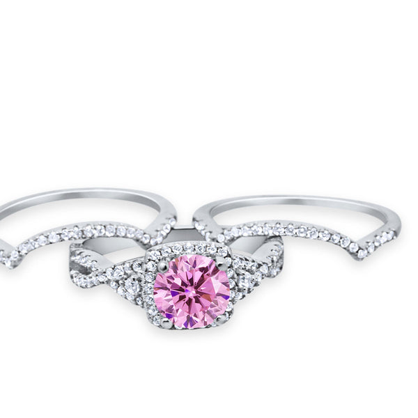 Halo Engagement Ring Three Piece Pink CZ 925 Sterling Silver Wholesale